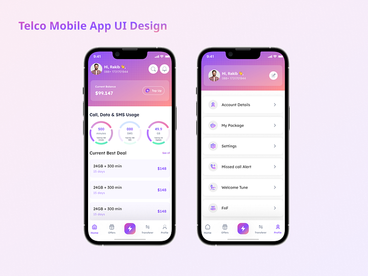 Telco Mobile App UI Design by Rakib Hassan → ️ Hire Today on Dribbble