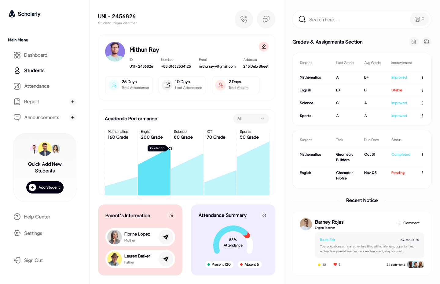 Scholarly- Student Profile & Performance Dashboard UI by Mithun 🔥 on Dribbble
