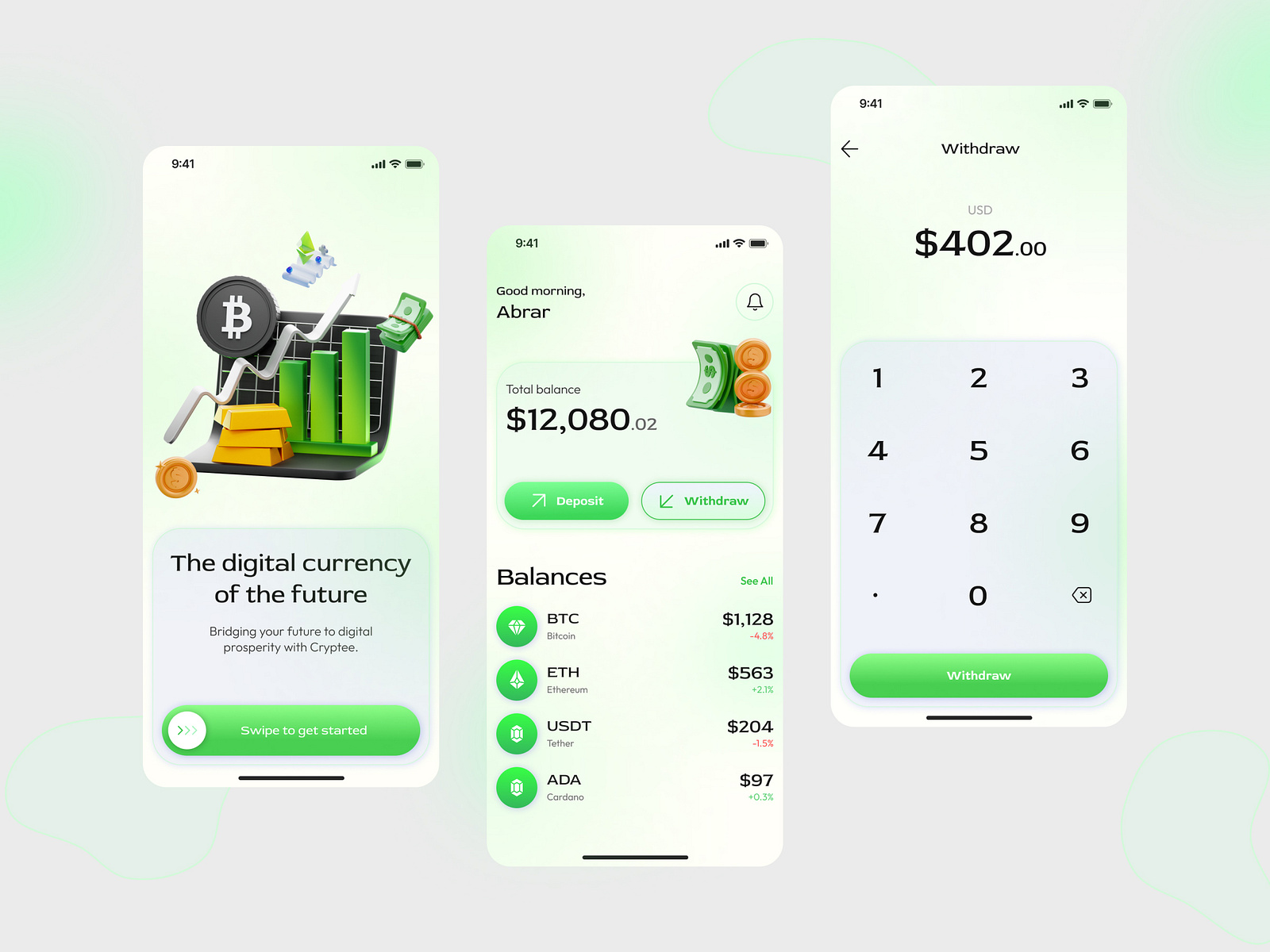Cryptee – Modern Crypto Wallet App UI by Abrar Cheema on Dribbble