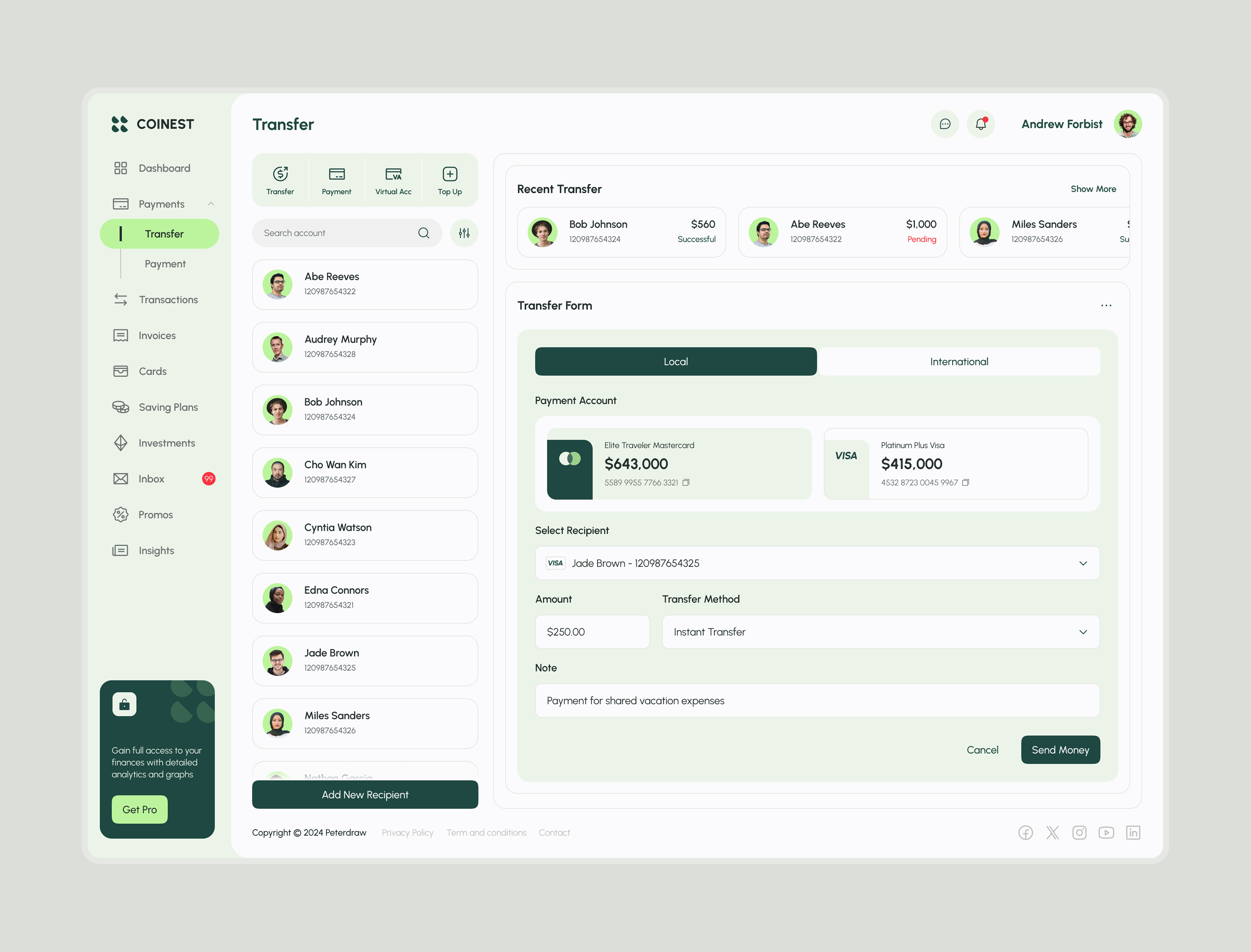 Coinest Dashboard V1 & Transfer Page by Ahmad S. Afandi for Peterdraw Studio on Dribbble