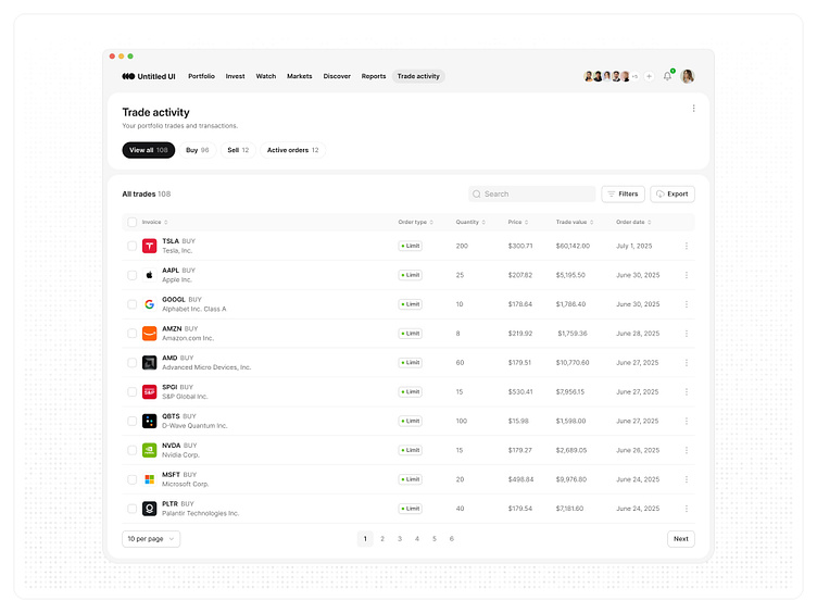 Trade activity — Untitled UI by Jordan Hughes® on Dribbble