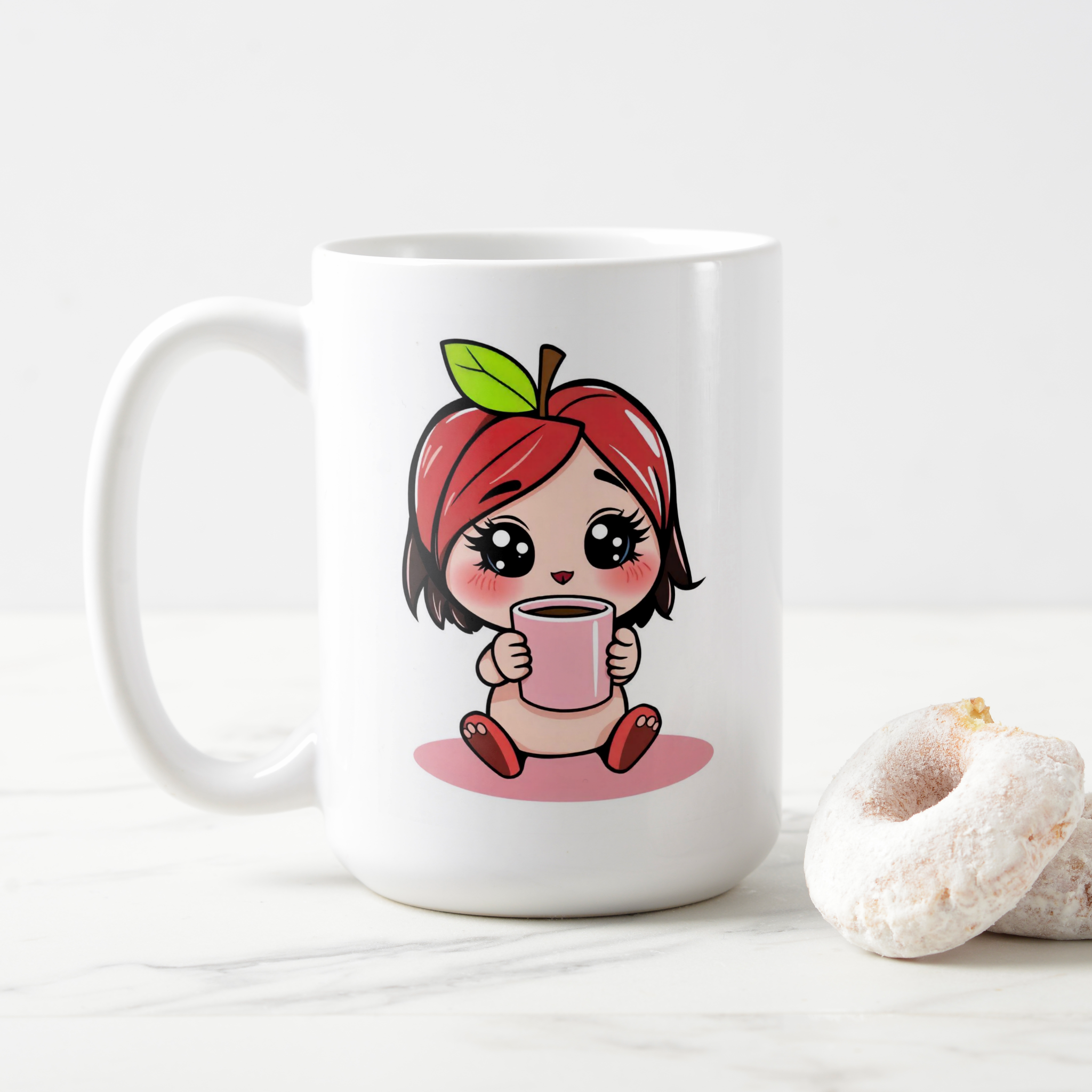 Cute Apple Head Chibi Drinking Coffee – Kawaii Cartoon Character by ...