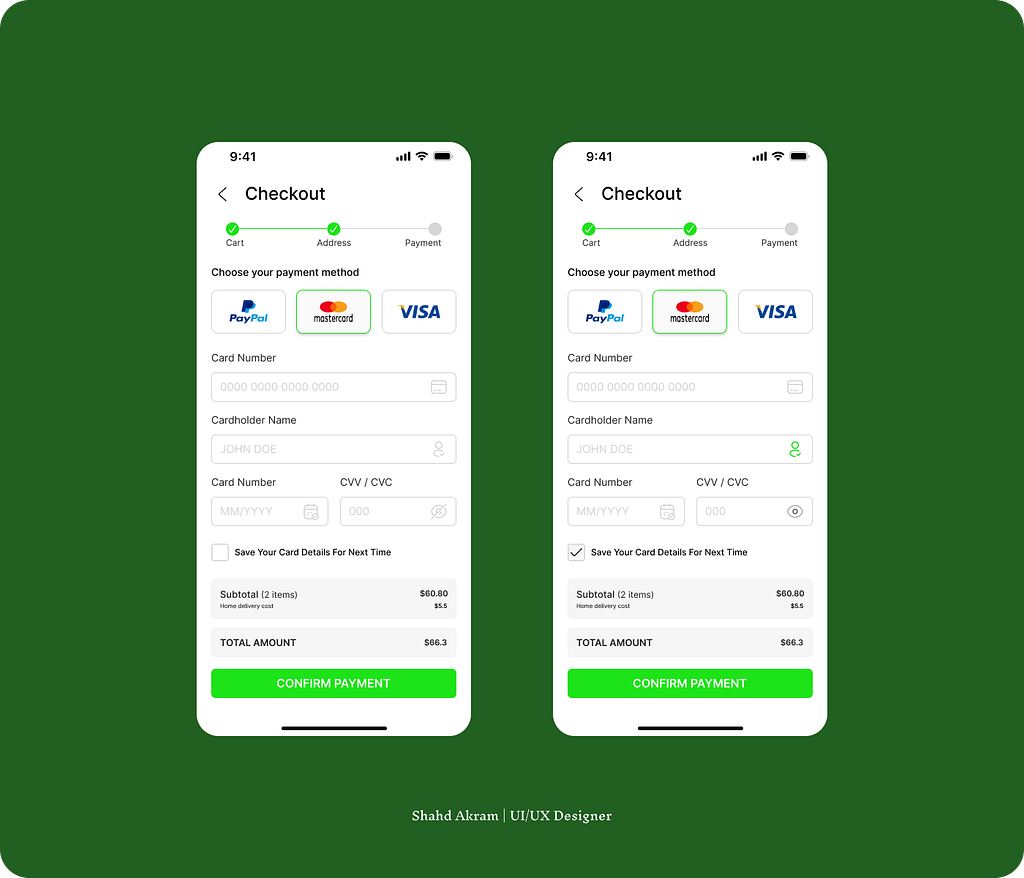 Mobile Checkout UI – Clean Payment Interface Design by Shahd Akram on ...