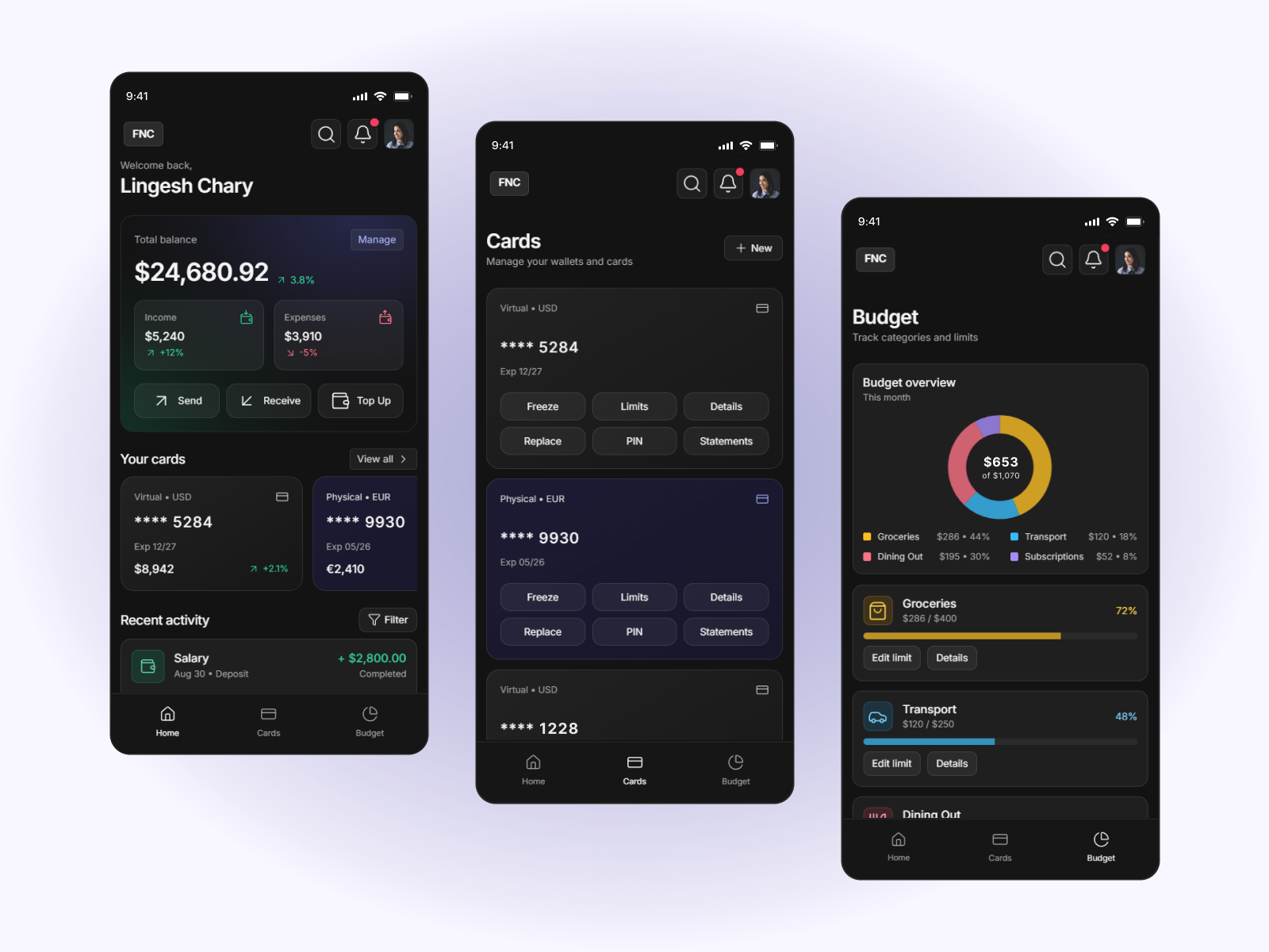 Finance App - Dark Mode by Lingesh Chary on Dribbble