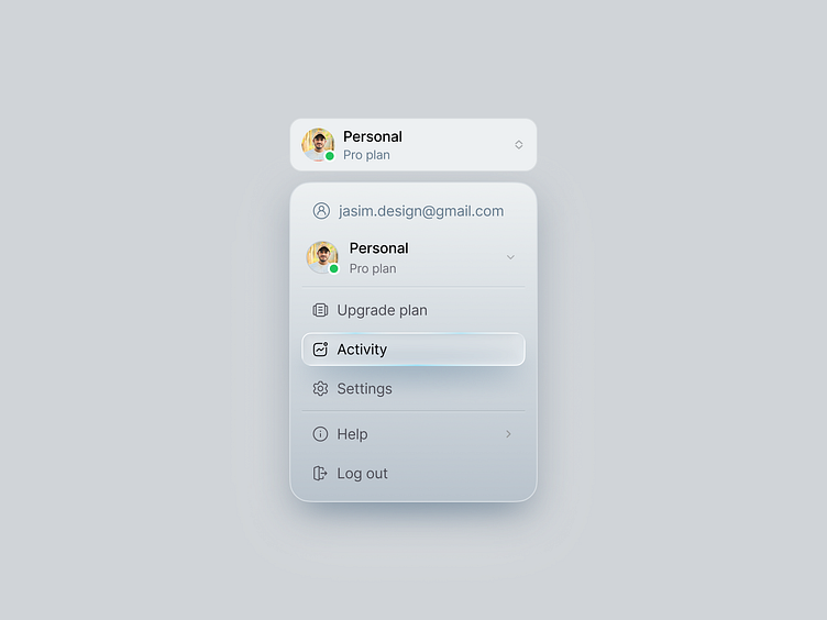 Clean Profile Dropdown – Minimal UI card design by Josim for Opndoo ...