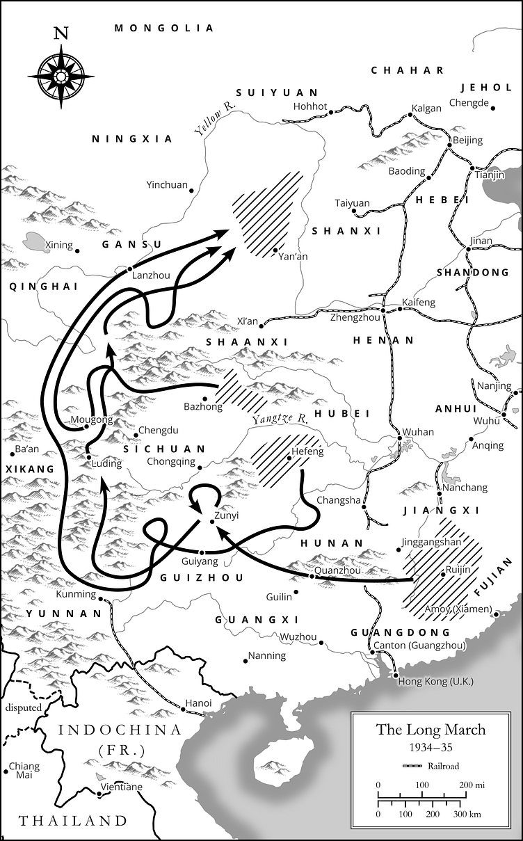 Map of 'The Long March' (NB: reconstructed 1930s rail network) by ...