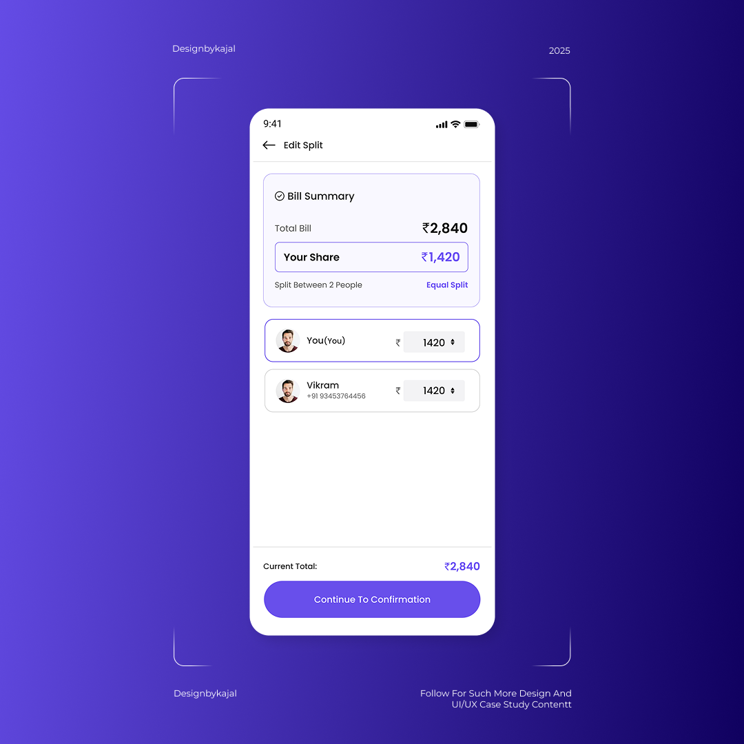 Split bill flow for a online payment application by Kajal Sharma on Dribbble