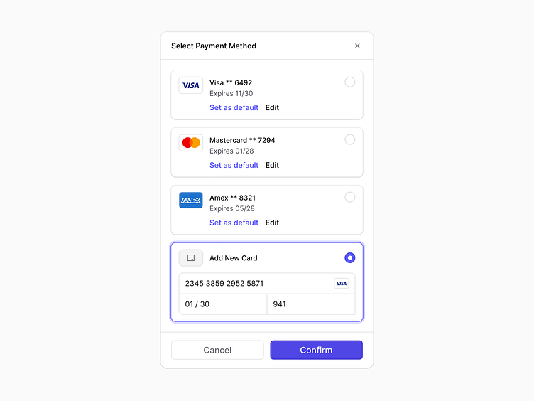 Select Payment Method Modal • VisionUI by Pranjay on Dribbble