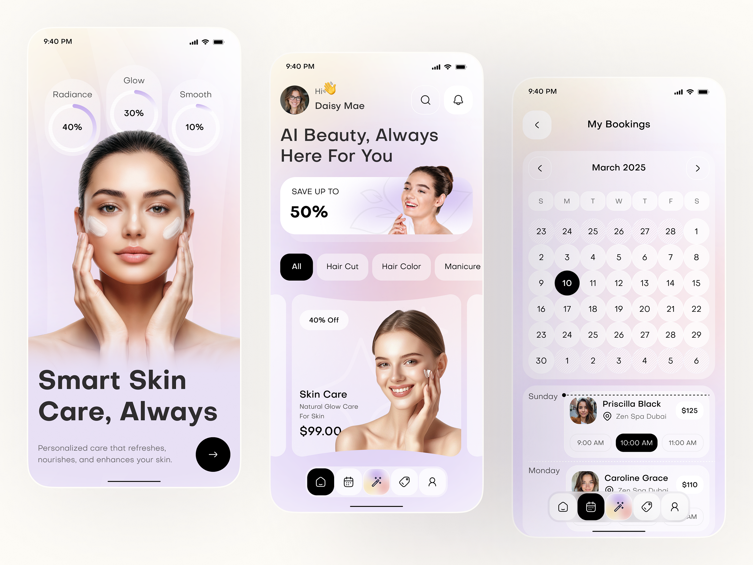 AI Beauty & Skin Care App UI – Smart Glow & Booking Experience by Sk Nahid Hasan on Dribbble
