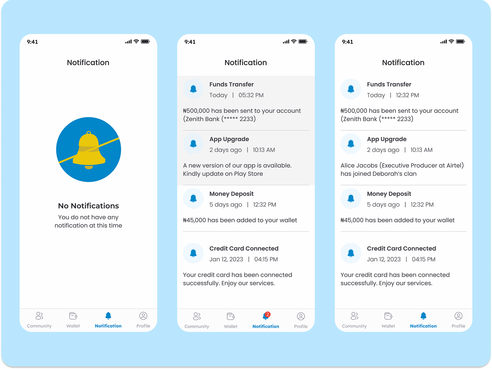 Notification Screens by Edidiong Kalu on Dribbble