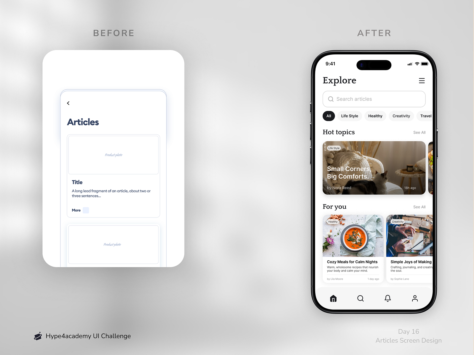 Daily UI Challenge #16 - Articles Screen by Yara Alkadi on Dribbble