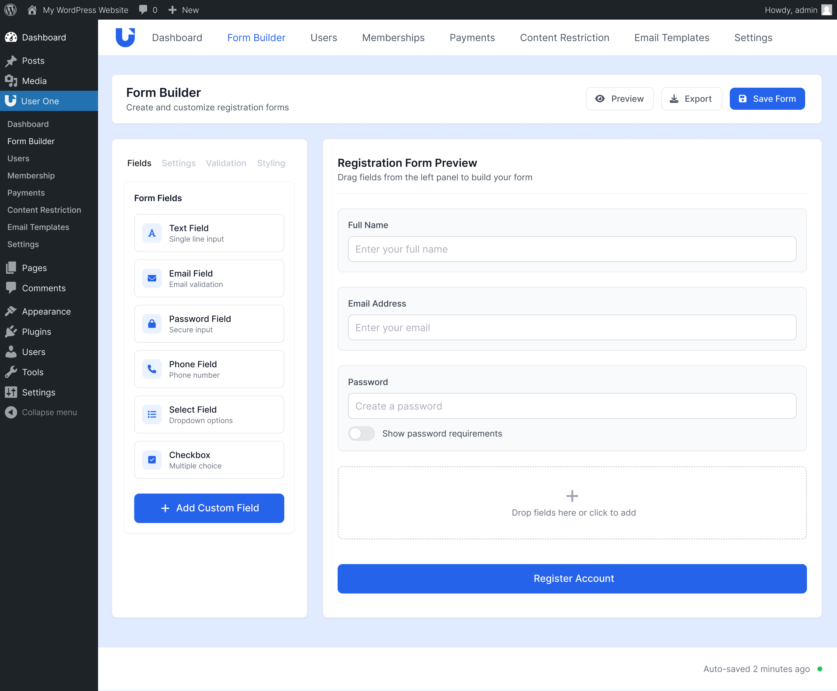 User ONE - WordPress Plugin UI Form Builder Concept by Kawsar on Dribbble