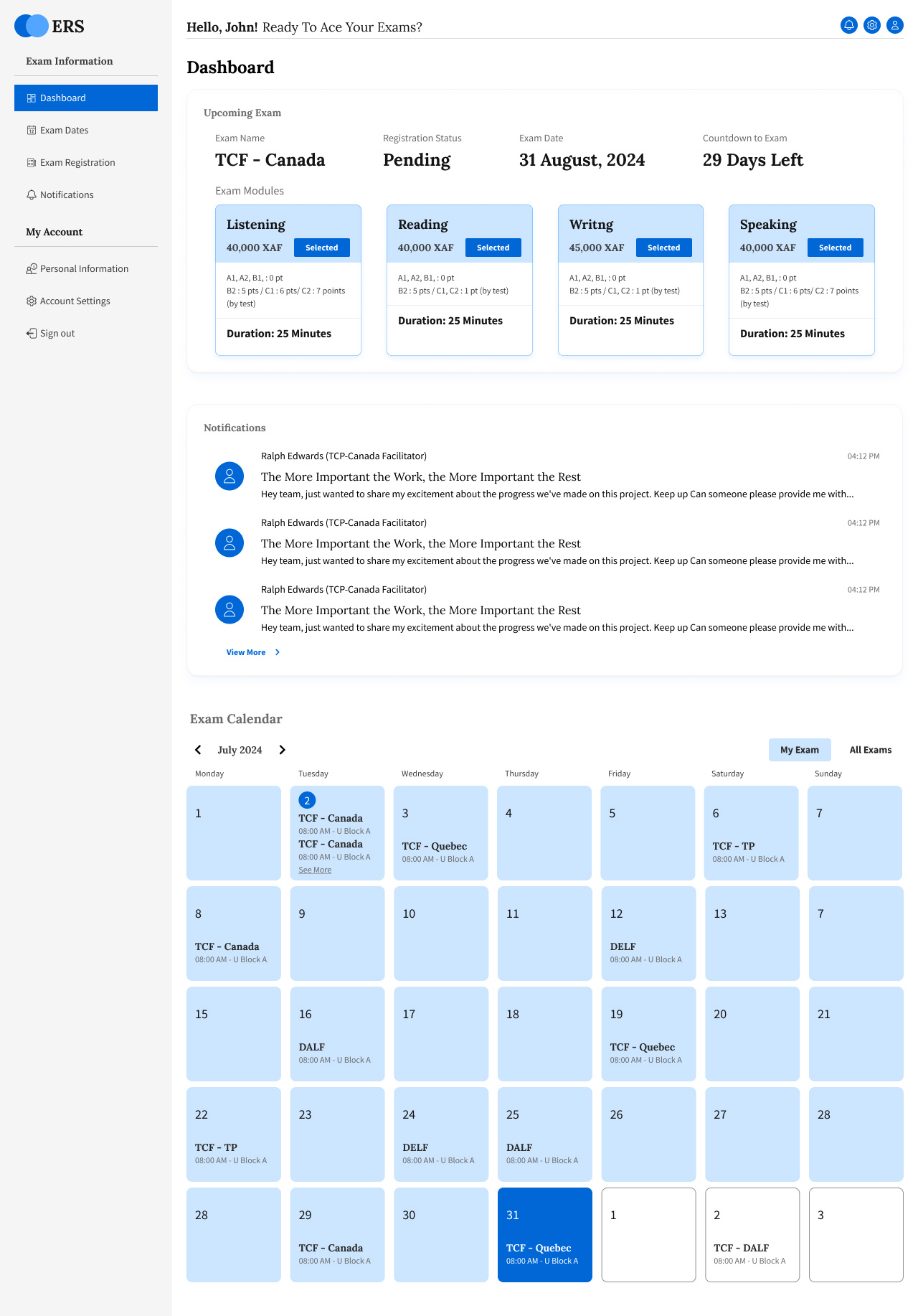 User Dashboard for Exam Registration System by Mbunganu Lewiston M. on ...