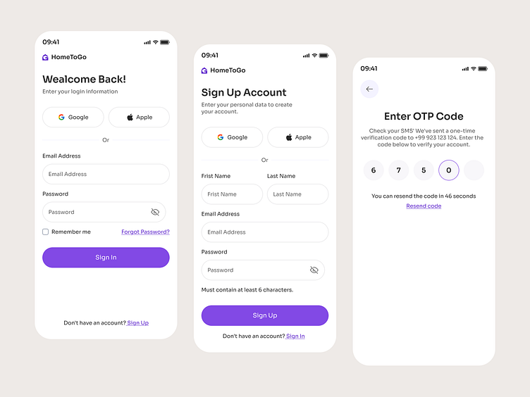 Mobile App Authentication UI – Sign in Sign up & Enter OTP Code by ...