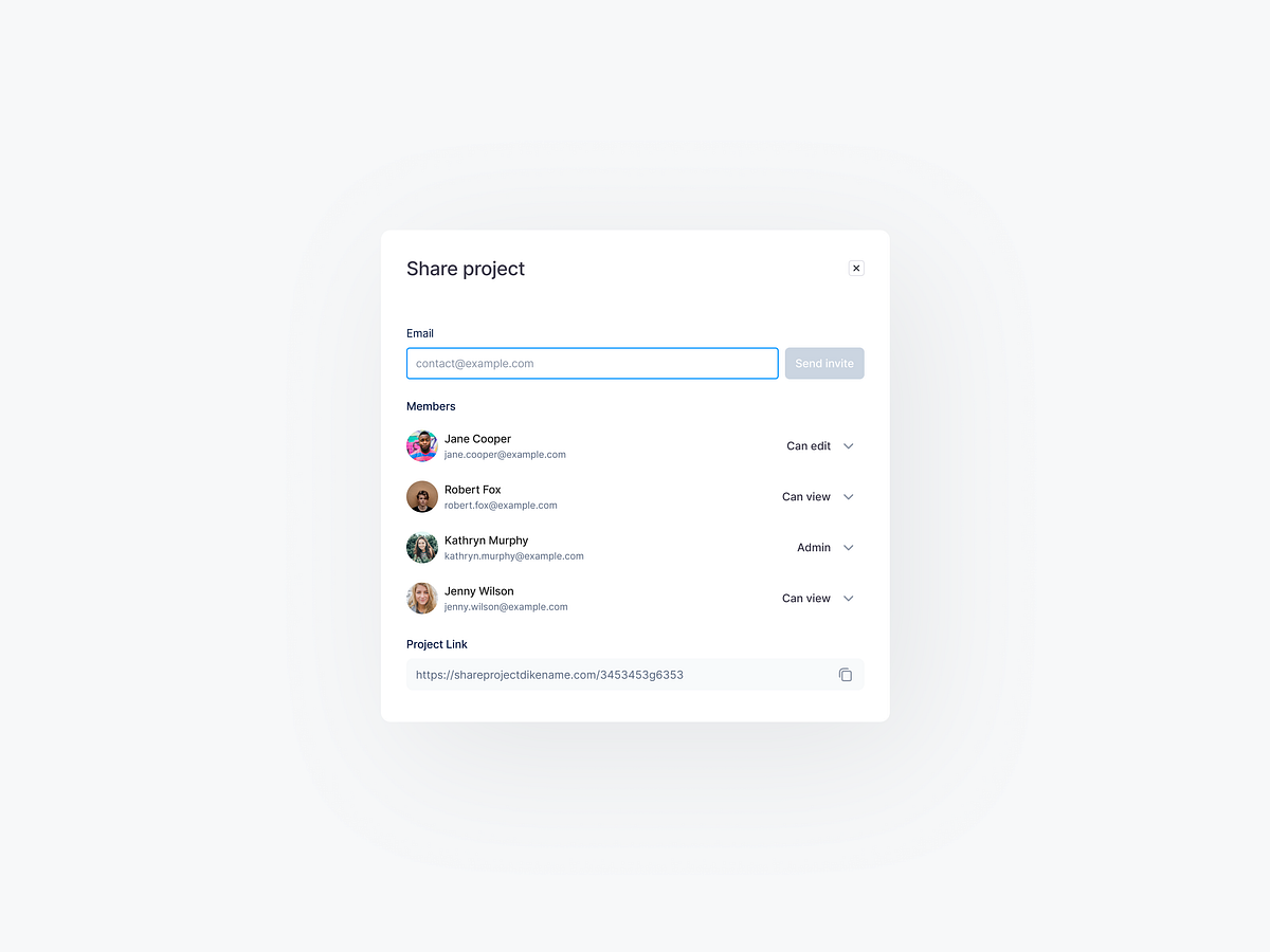 Share project modal by Dmitry Sergushkin on Dribbble