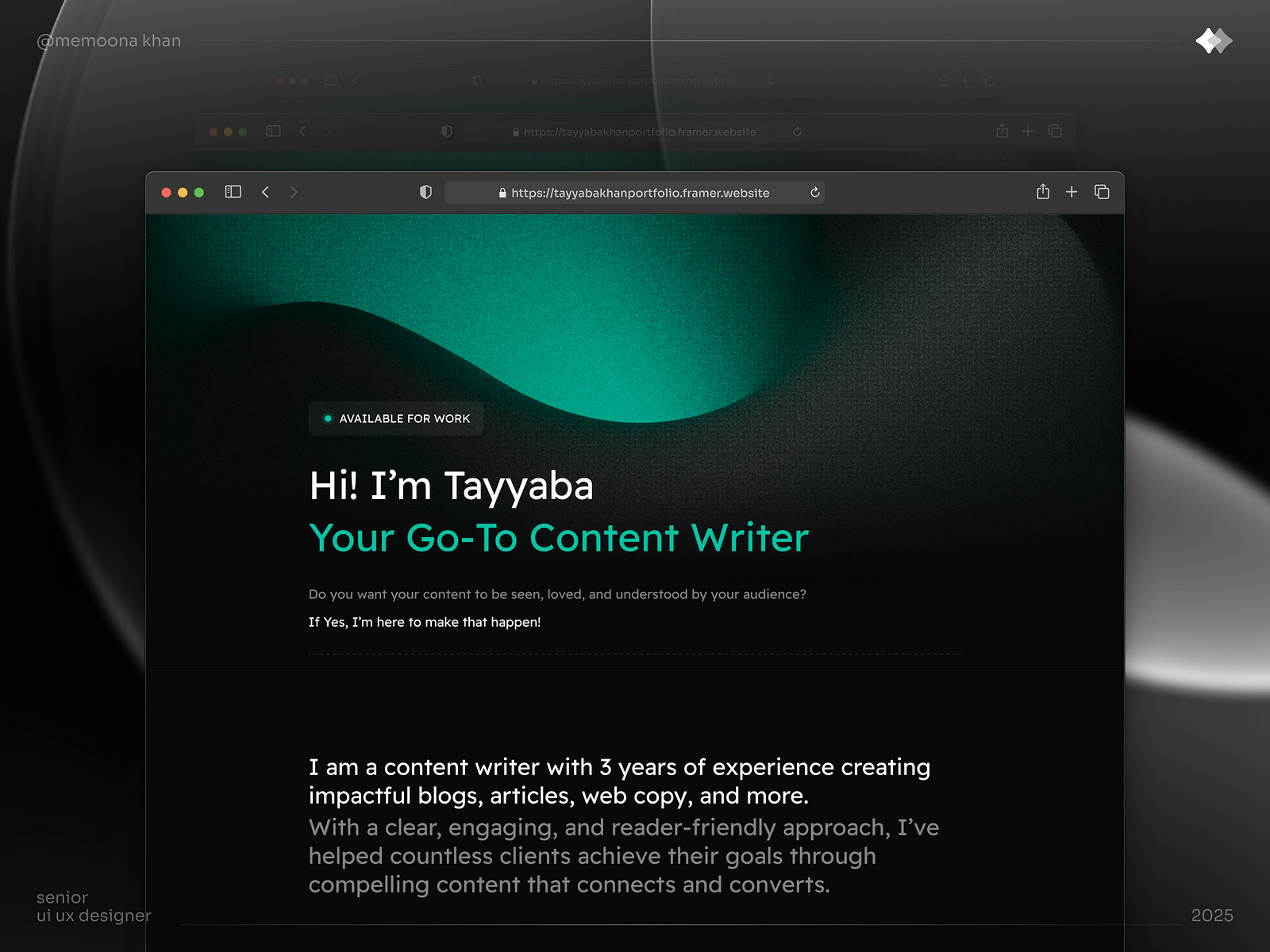 💚 Content Writer Portfolio – Website UI Design by Memoona Khan on Dribbble