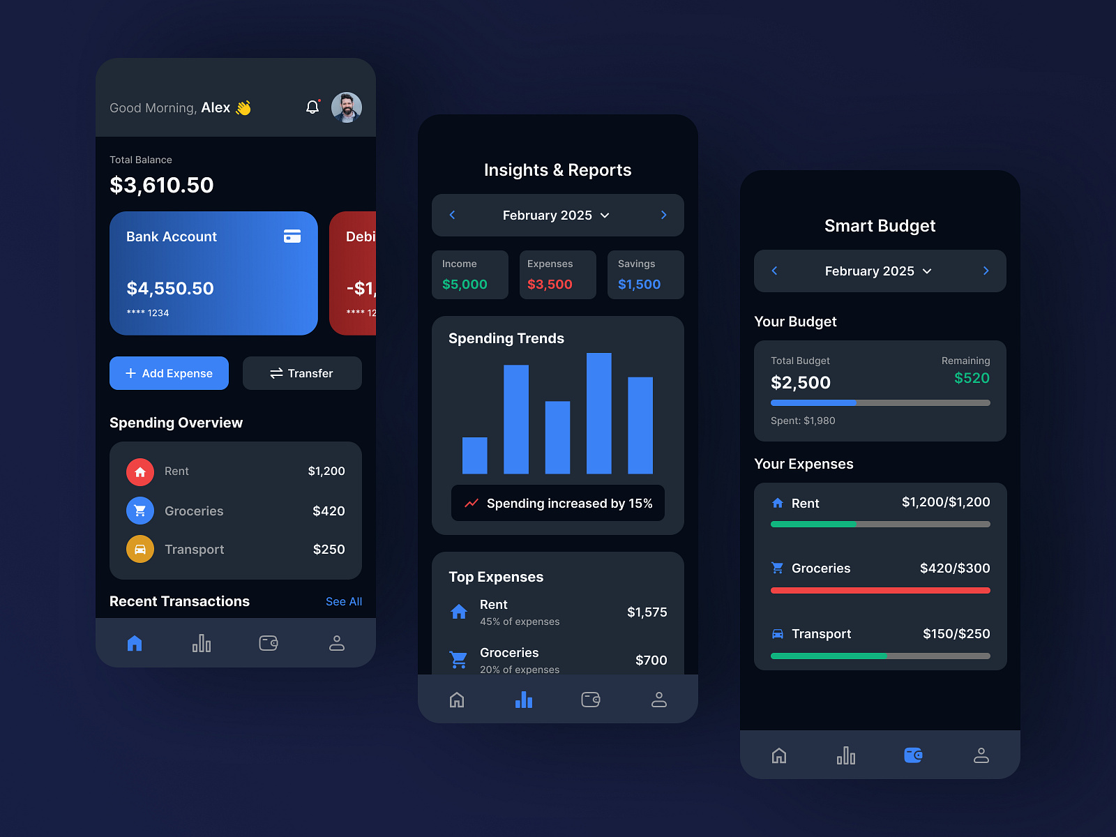 Smart Expense Tracker App – Dark Mode Finance Dashboard UI by Mateen Haider on Dribbble