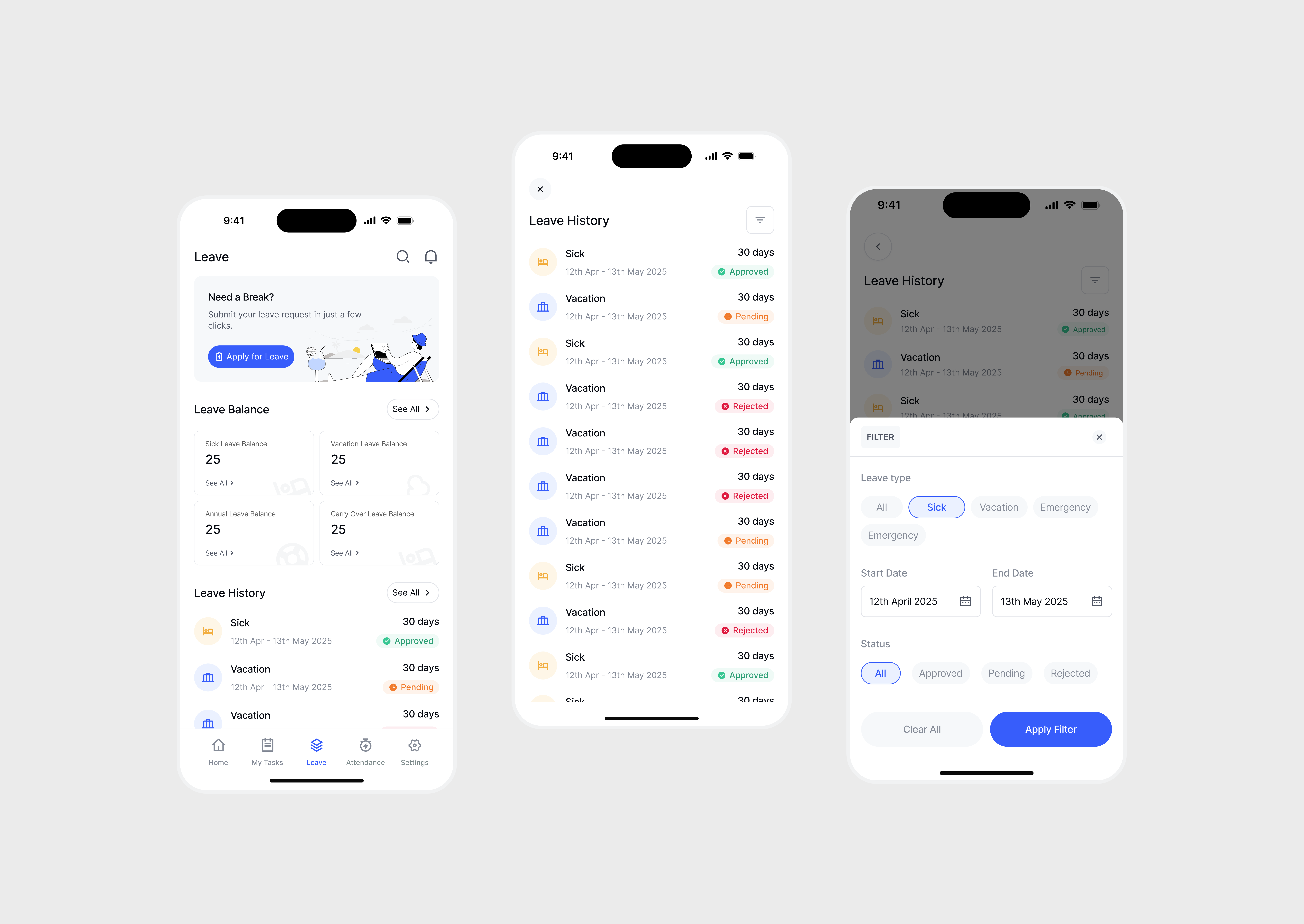 Leave Management Mobile UI by CUBE STUDIOS® on Dribbble
