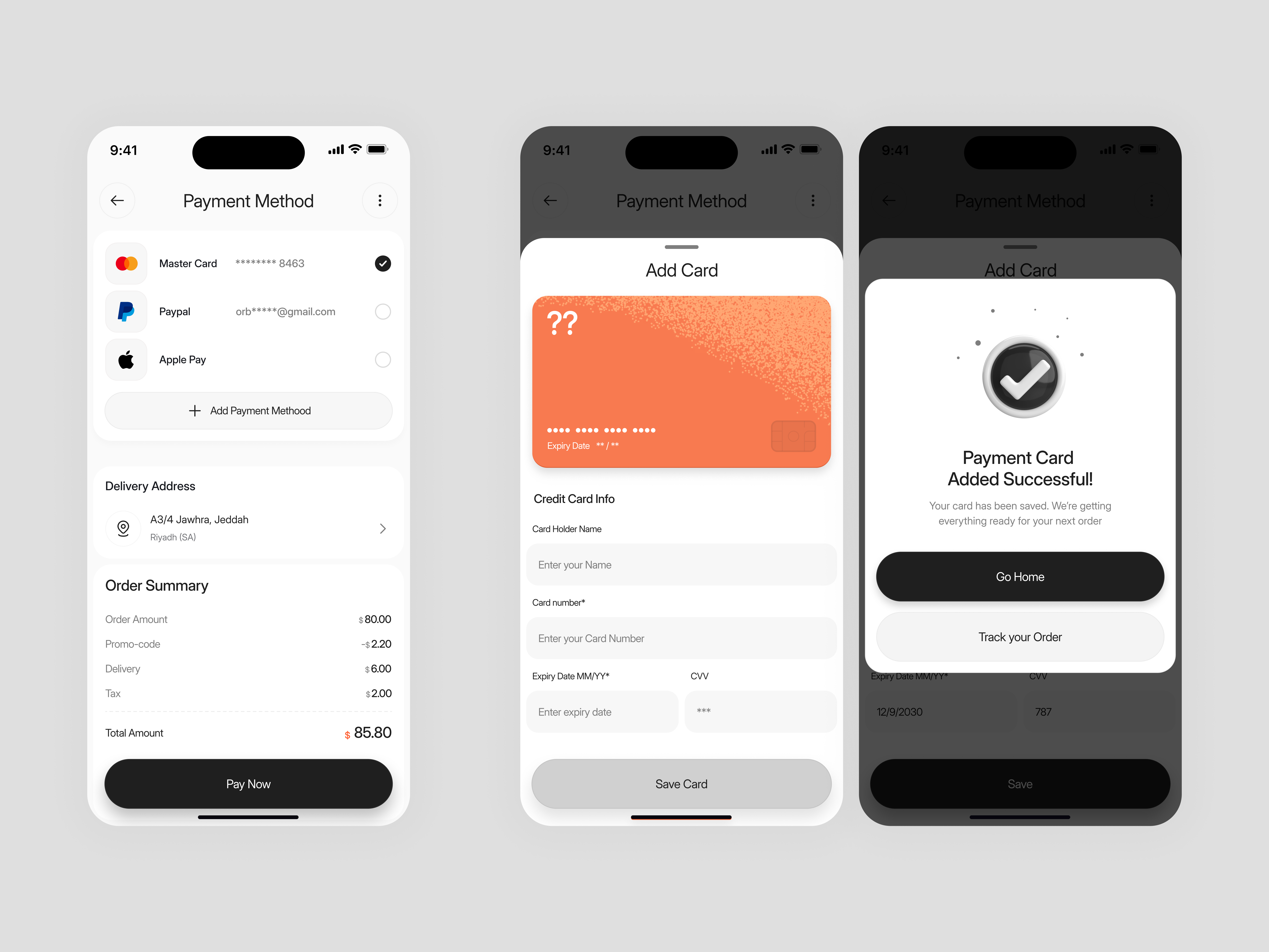 Delivery App – Payment Success Confirmation & Add Card UI Flow by Orbix ...
