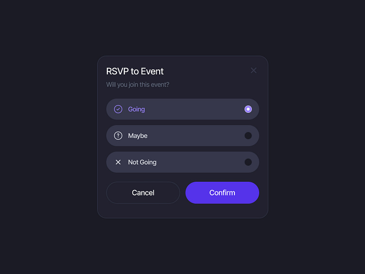 RSVP Modal UI — Dark Mode Interaction by Deverust Studio on Dribbble