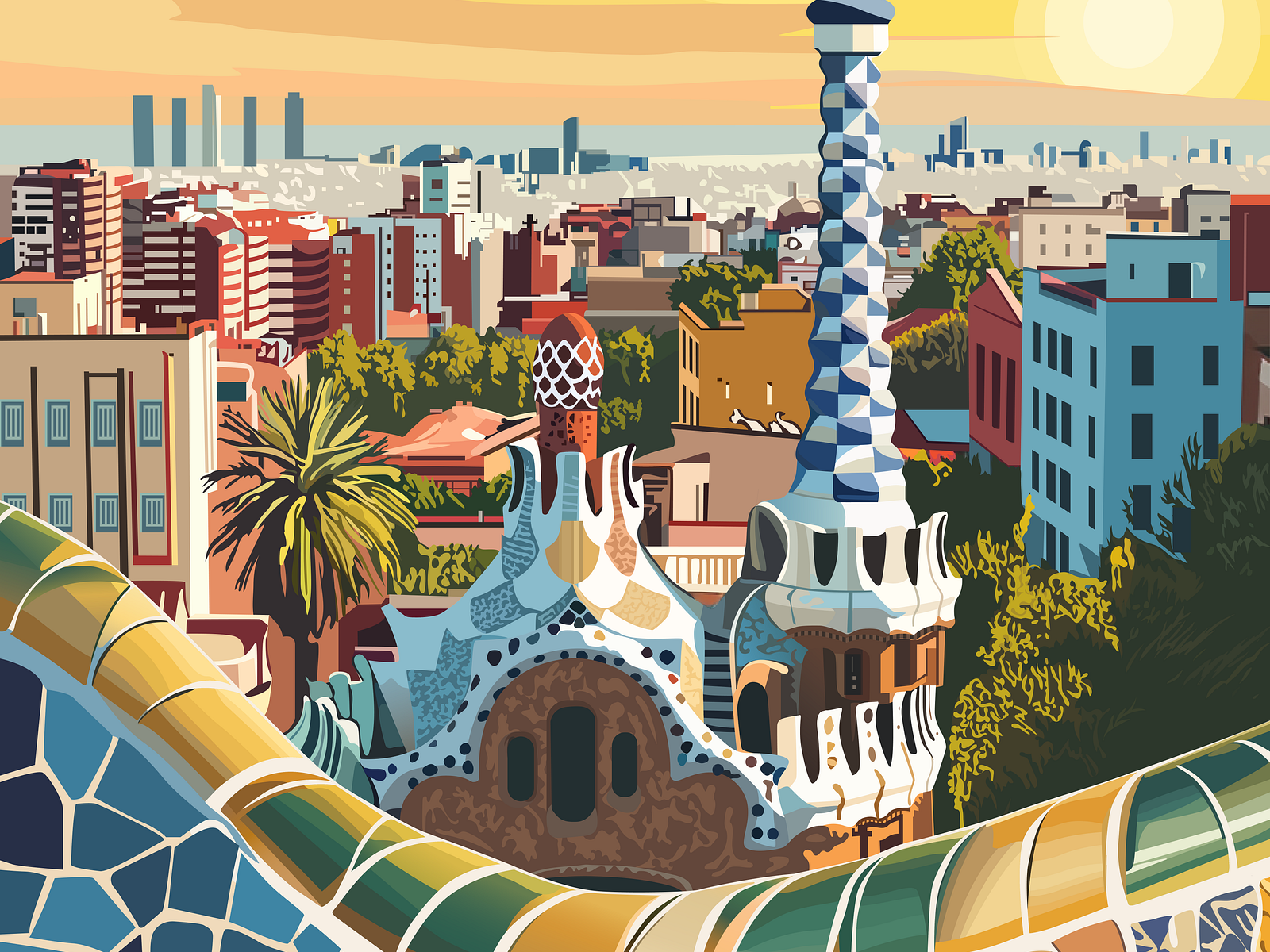 Park Güell in Barcelona Poster illustration by Mehedi Hasan Pranta on ...