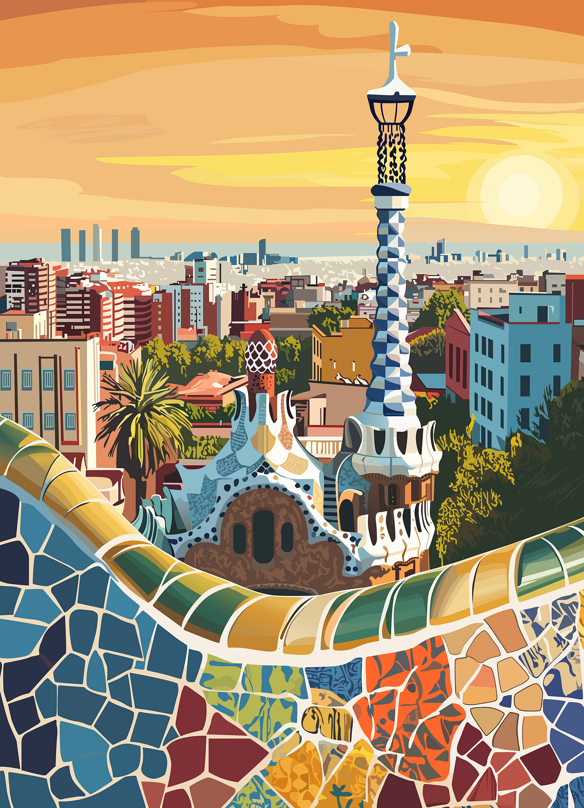 Park Güell in Barcelona Poster illustration by Mehedi Hasan Pranta on ...