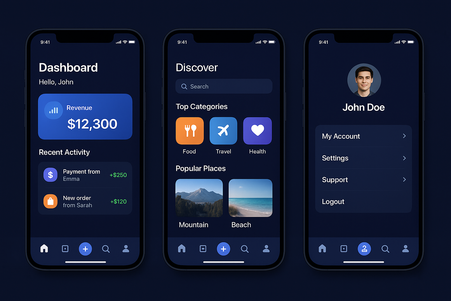 Modern Dark App UI – Dashboard, Discover & Profile Screens by Roshan Chudali on Dribbble
