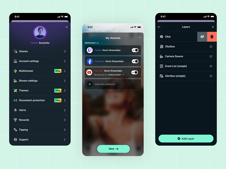 Live Streaming App UI — Menu, Platforms & Settings (Streamlabs) by ...