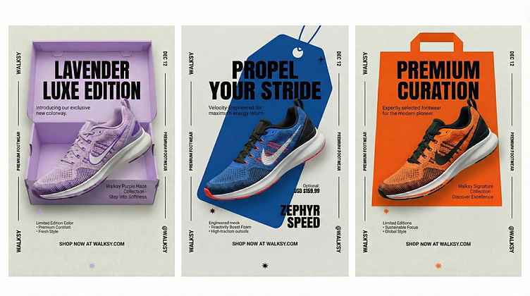 Walksy — Premium Footwear Launch Posters/marketing visuals by ...
