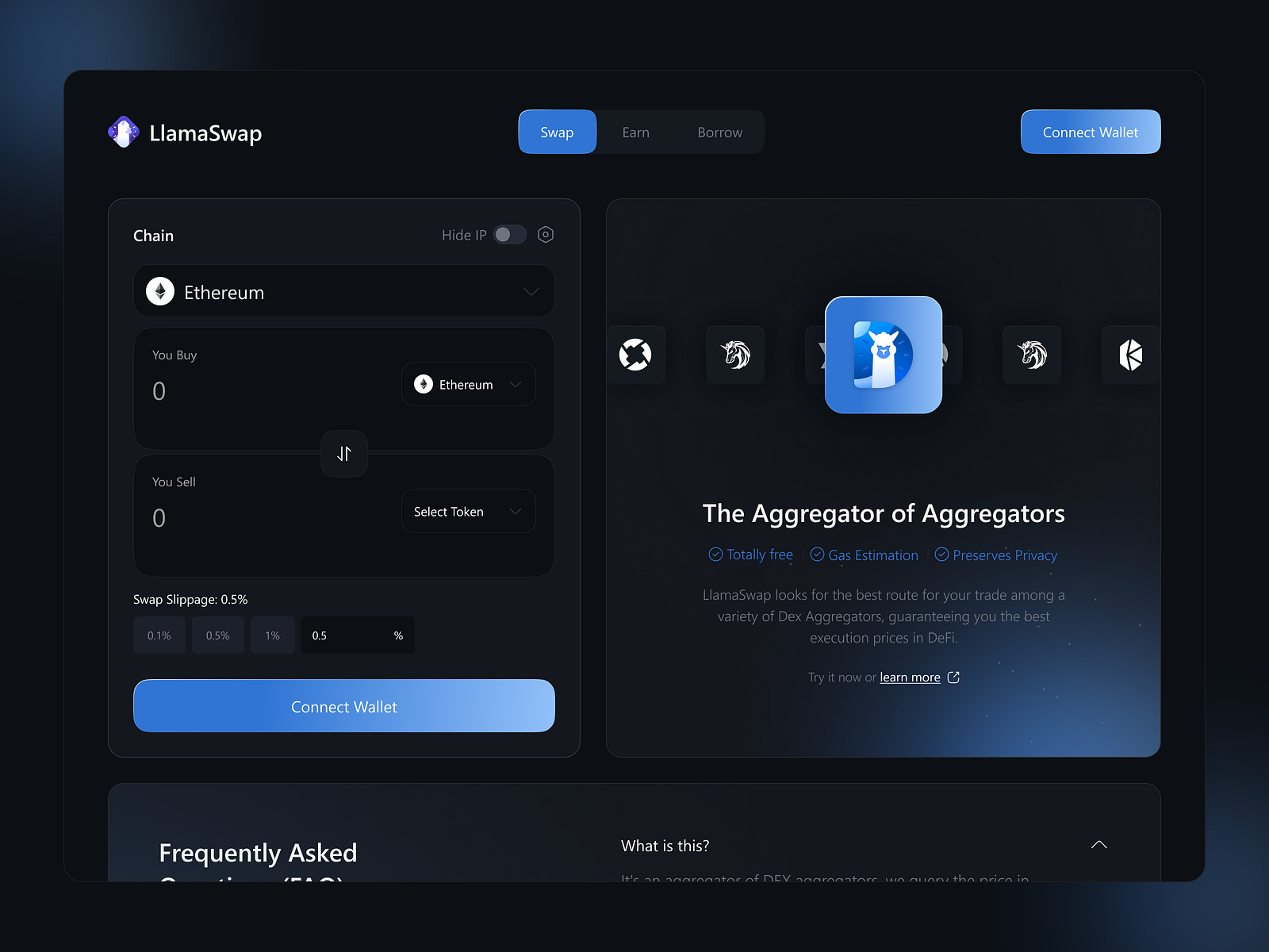 LlamaSwap – Dark DeFi Swap Dashboard UI | Crypto Exchange Aggreg by Alamin Hossen on Dribbble