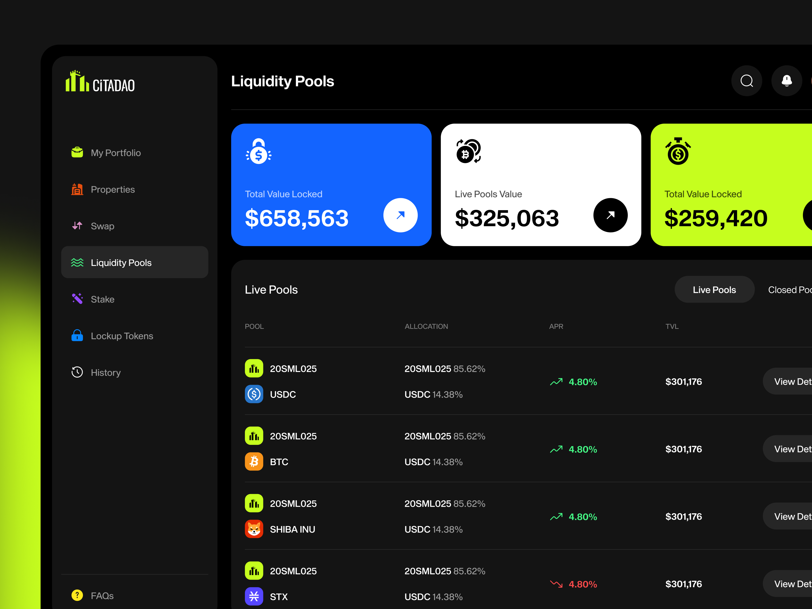 DeFi Liquidity Pools Dashboard UI — CitaDAO Web App Design by Alamin Hossen on Dribbble
