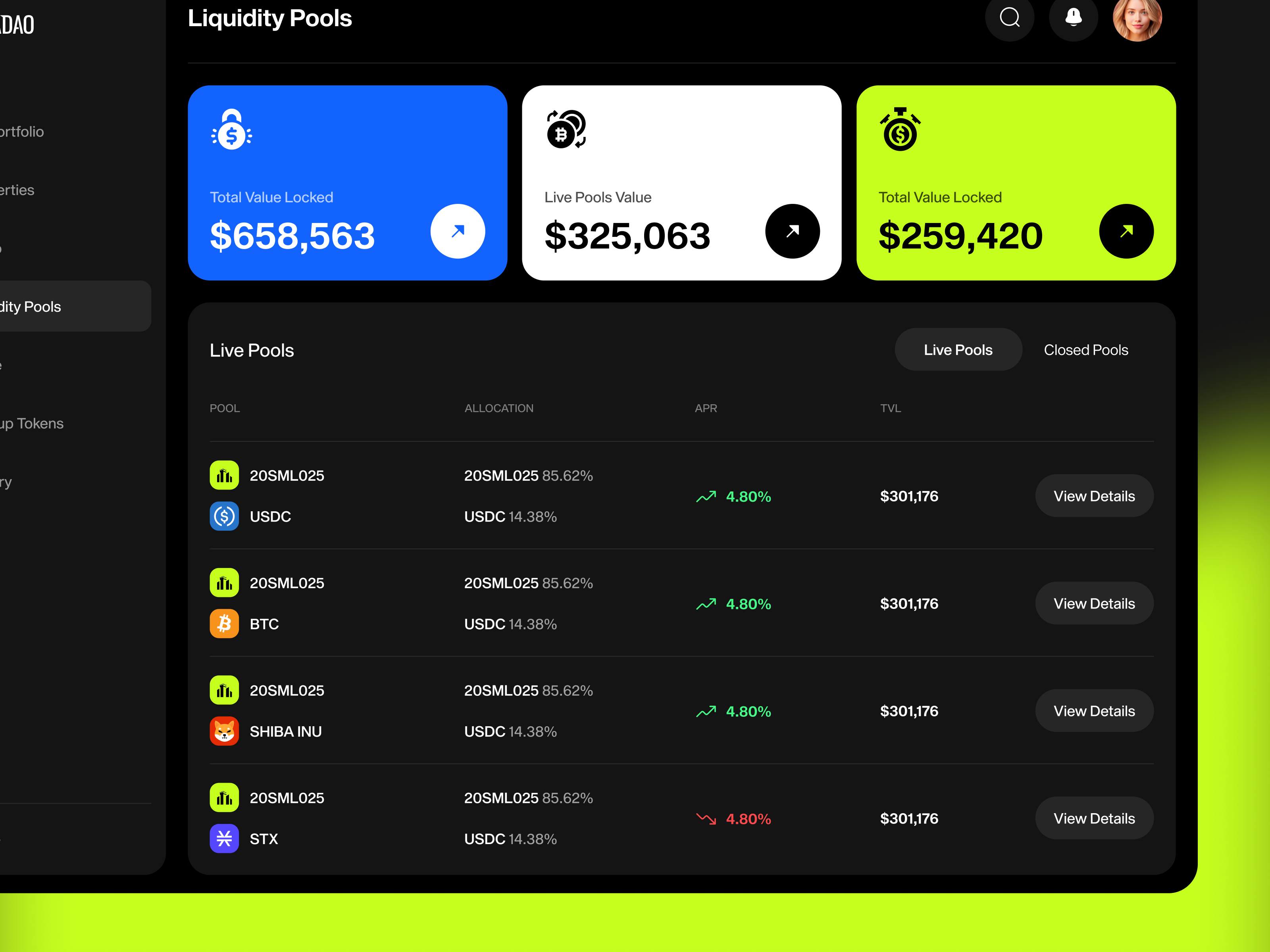 DeFi Liquidity Pools Dashboard UI — CitaDAO Web App Design by Alamin ...