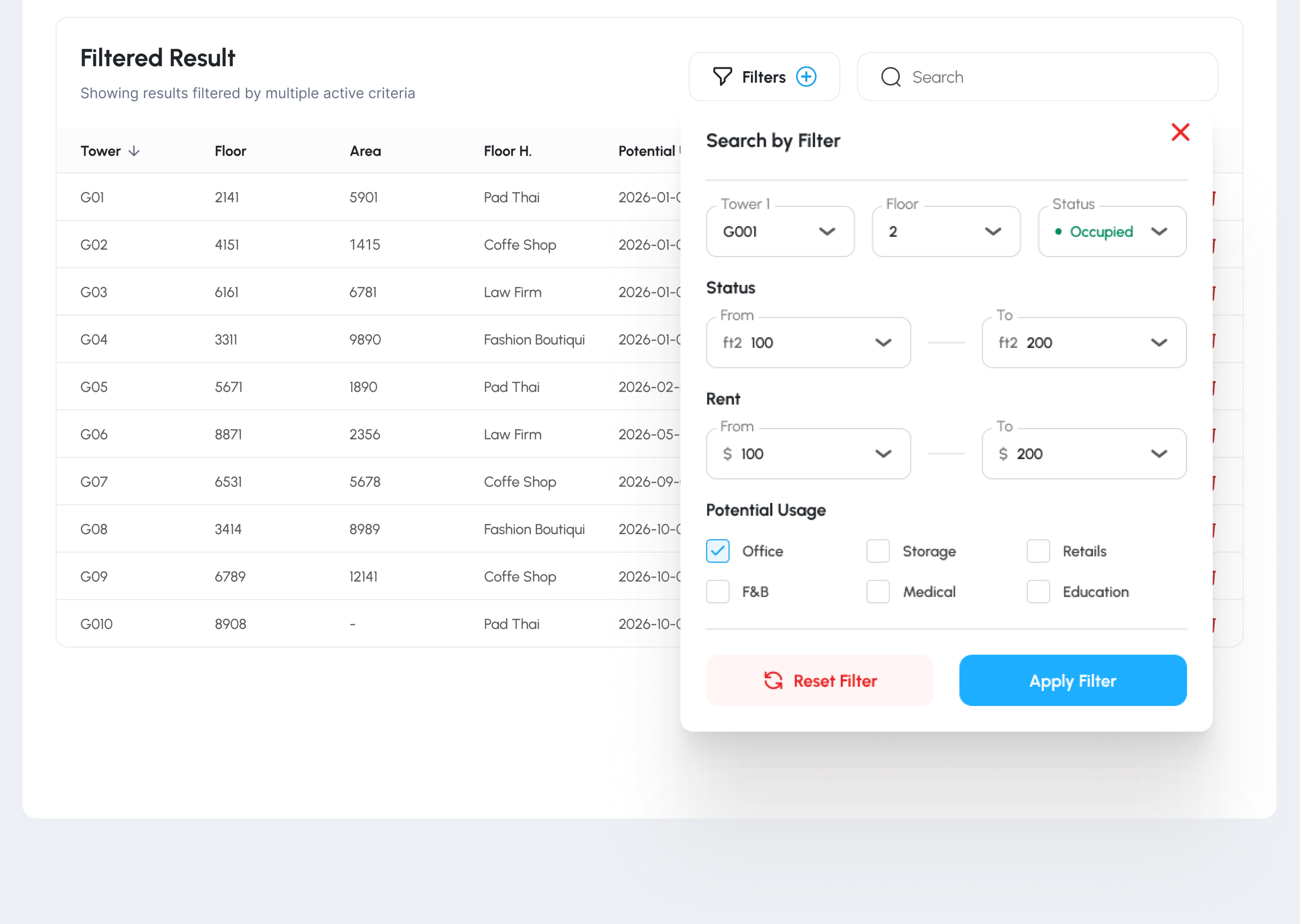 Property Management Filter Modal UI by Ketoro Studio on Dribbble