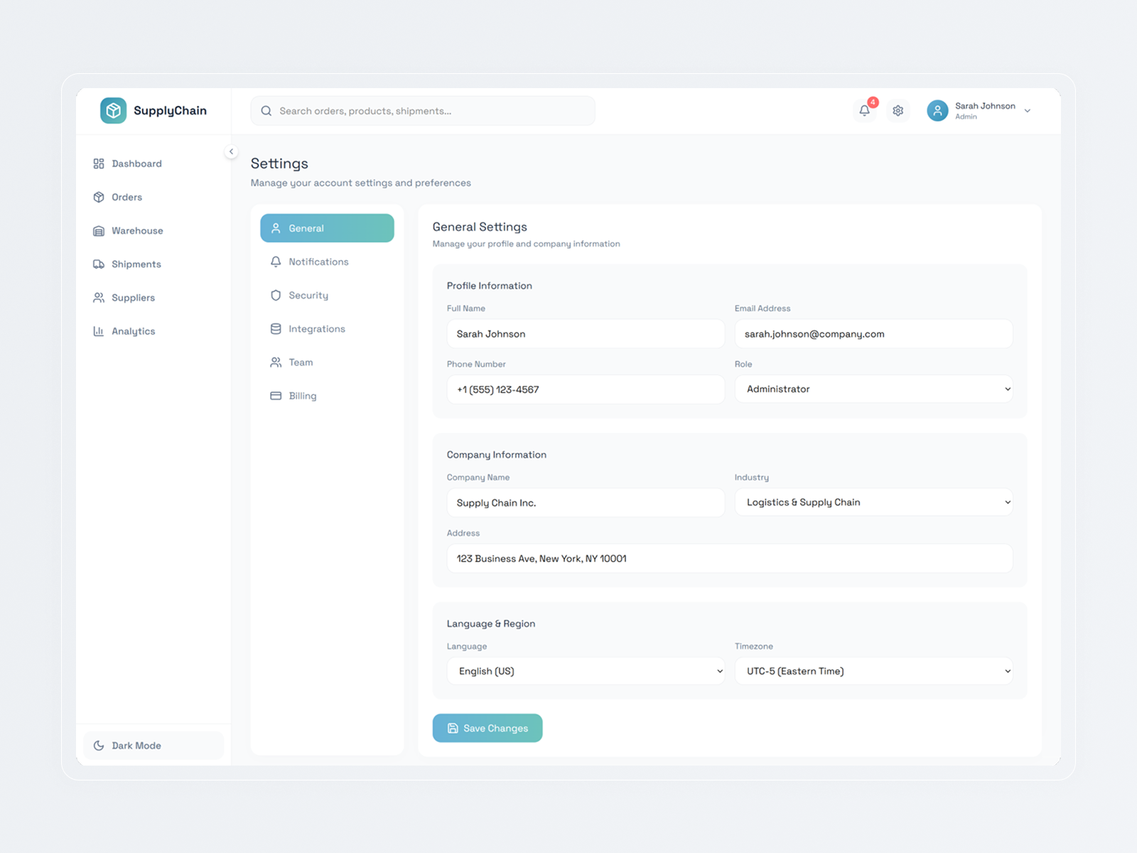 SupplyChain SaaS | Settings Panel: Complete Configuration UI/UX by ...