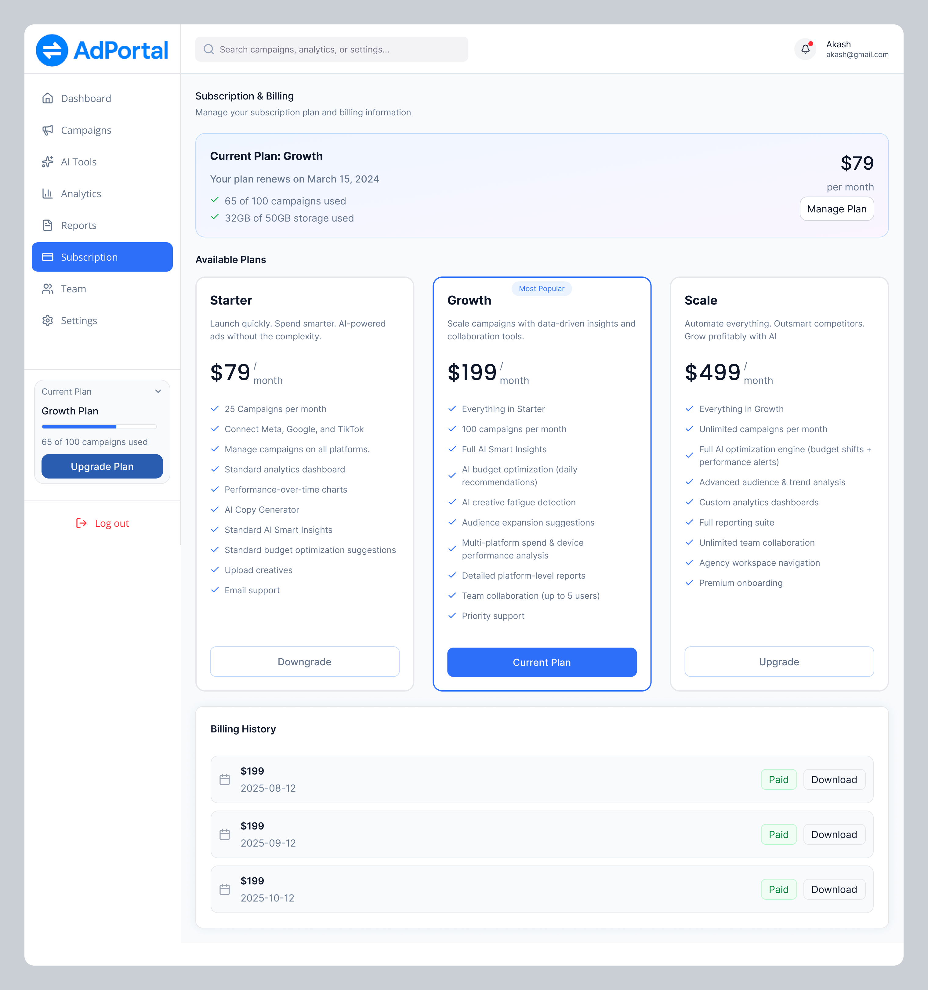 AdPortal – Subscription & Billing Dashboard UI Design by MD Moinuddin ...