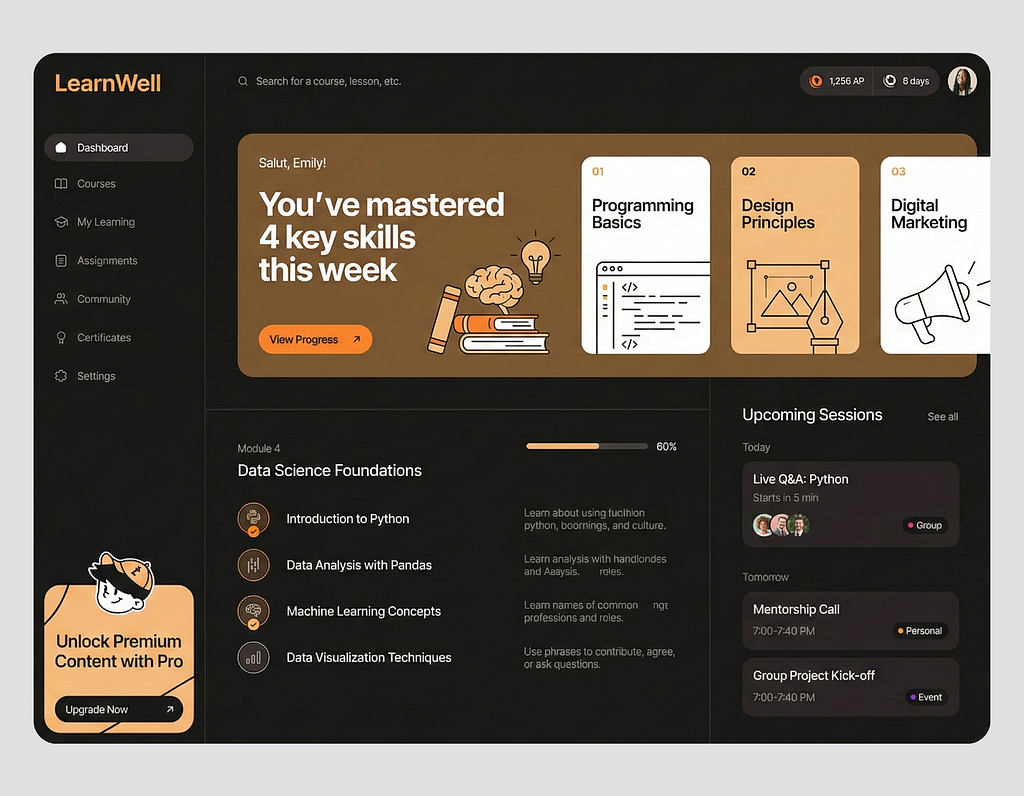 EdTech Learning Dashboard UI – Modern Dark Mode Course Platform by ...