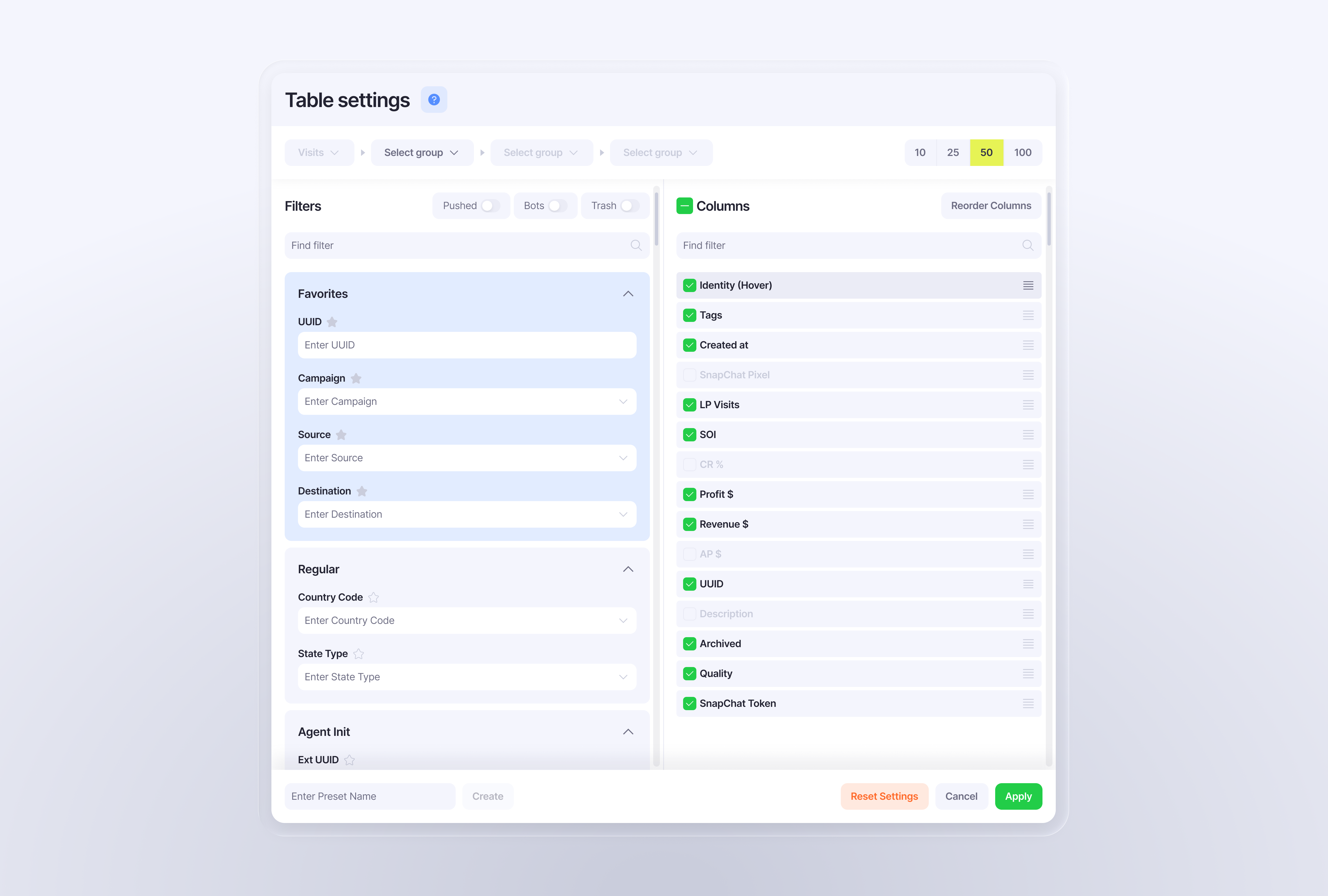 Modal Table Settings Window by Yan Kovalev on Dribbble