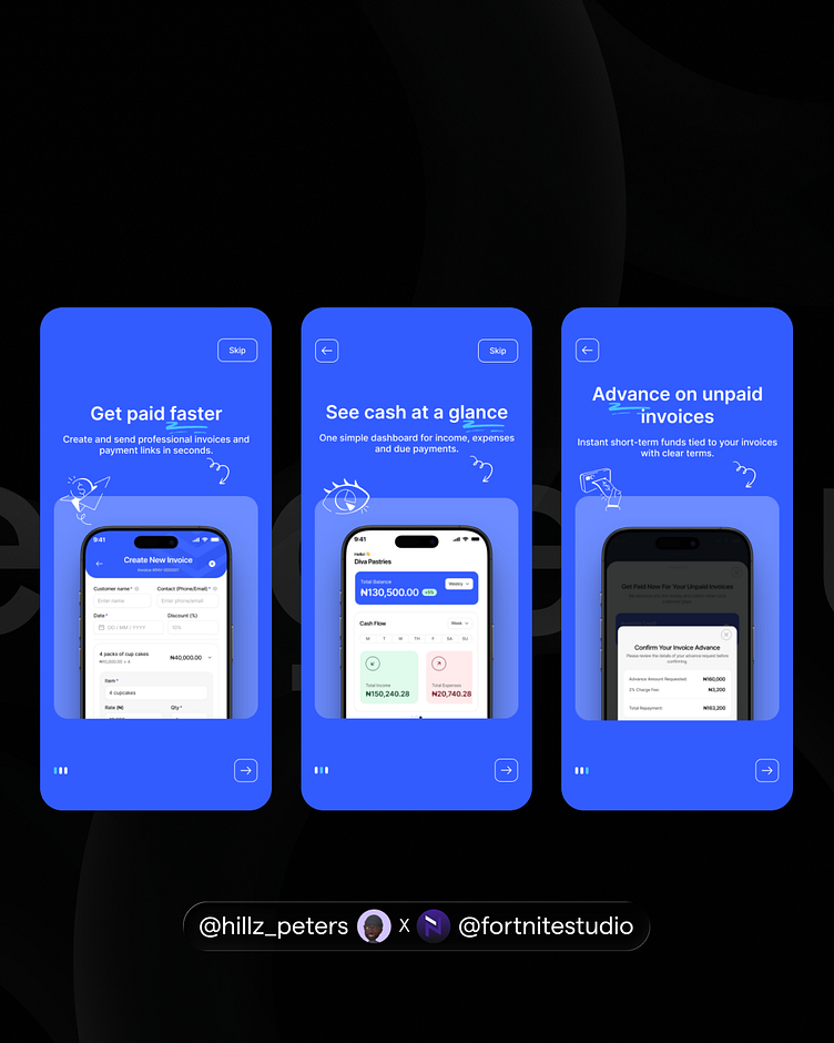 Onboarding screens for a fintech mobile app by Hilary Peters on Dribbble