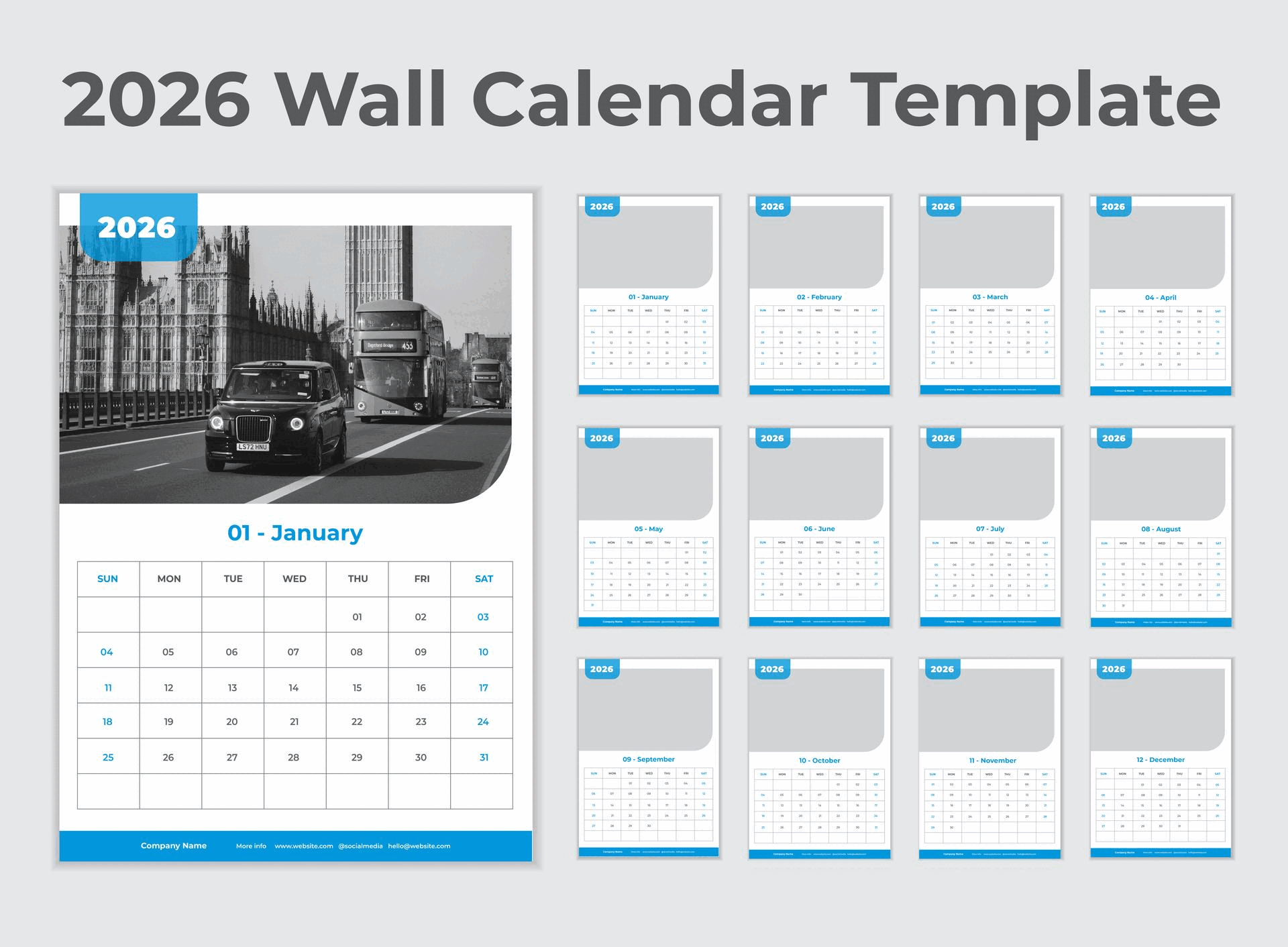 2026 wall calendar template with 12 month Layout by Grap Score on Dribbble