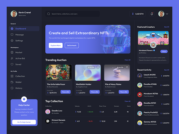 NFT Marketplace Dashboard — Dark UI by Divya on Dribbble