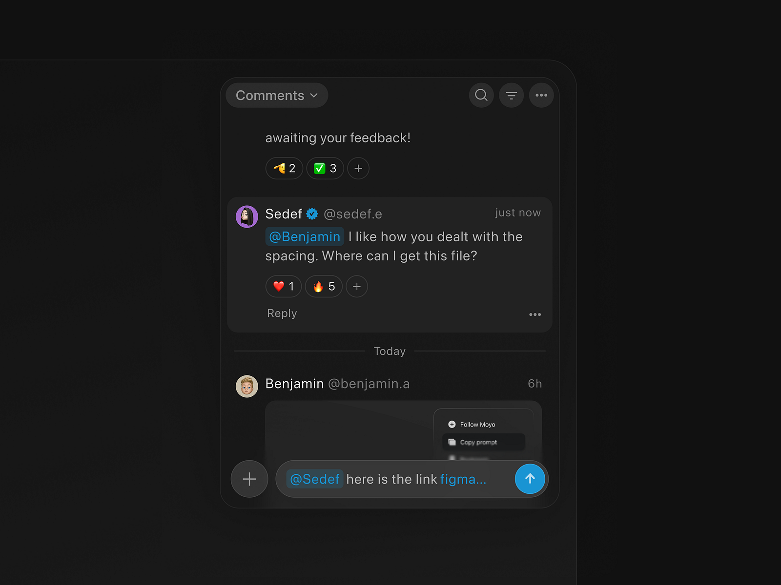 Comment Thread UI by Sedef Dilek on Dribbble