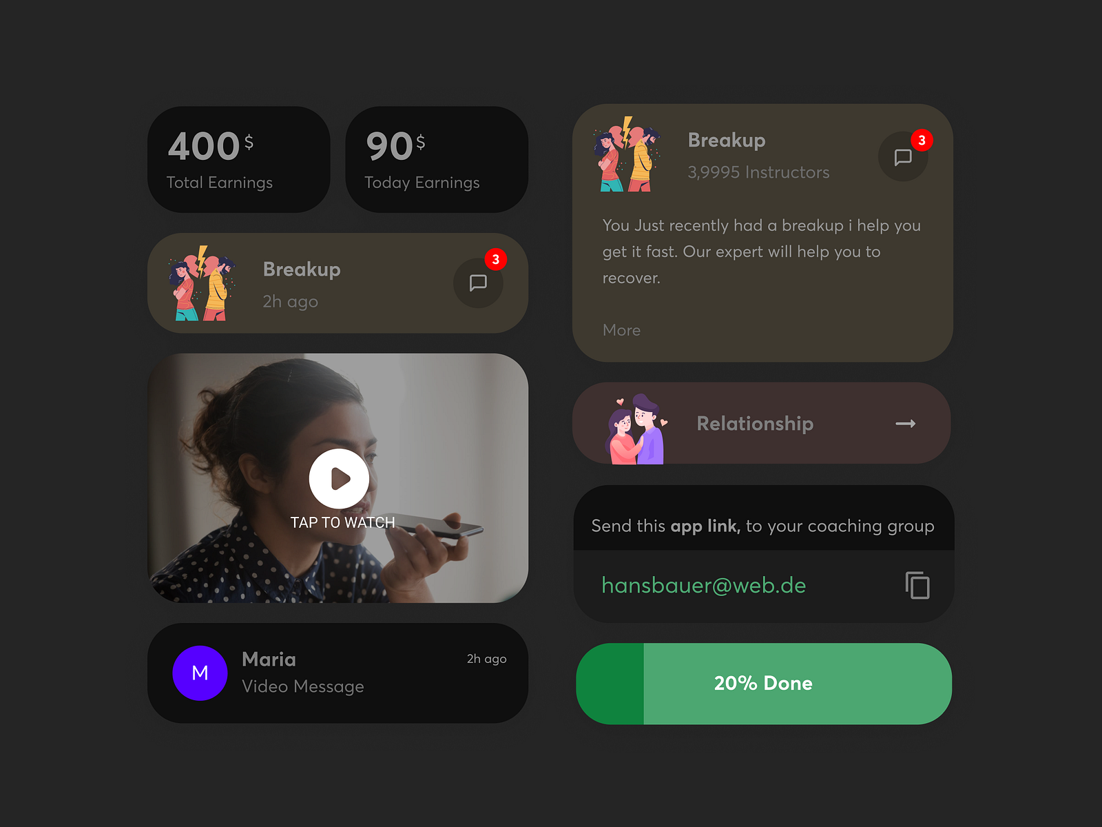 Minimal health app components (Night mode) by vikas1307 on Dribbble