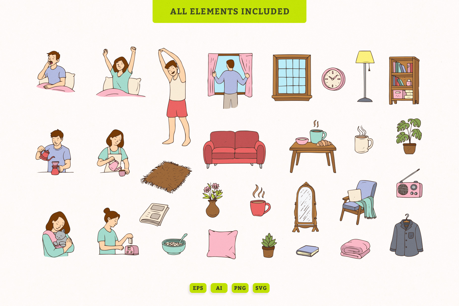 Morning Routine Cozy Home Vector Illustration Set by MEANDSTUDIO on ...