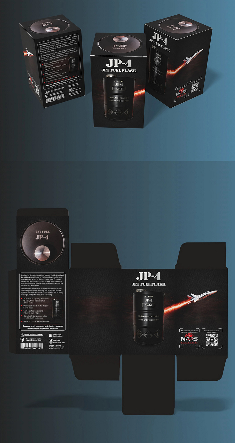 Aviation-inspired metal-flask packaging by Michael Kuelbel on Dribbble
