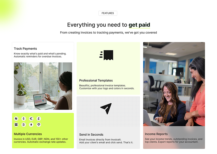Features section of InvoiceIt by Ayomide Jimoh on Dribbble