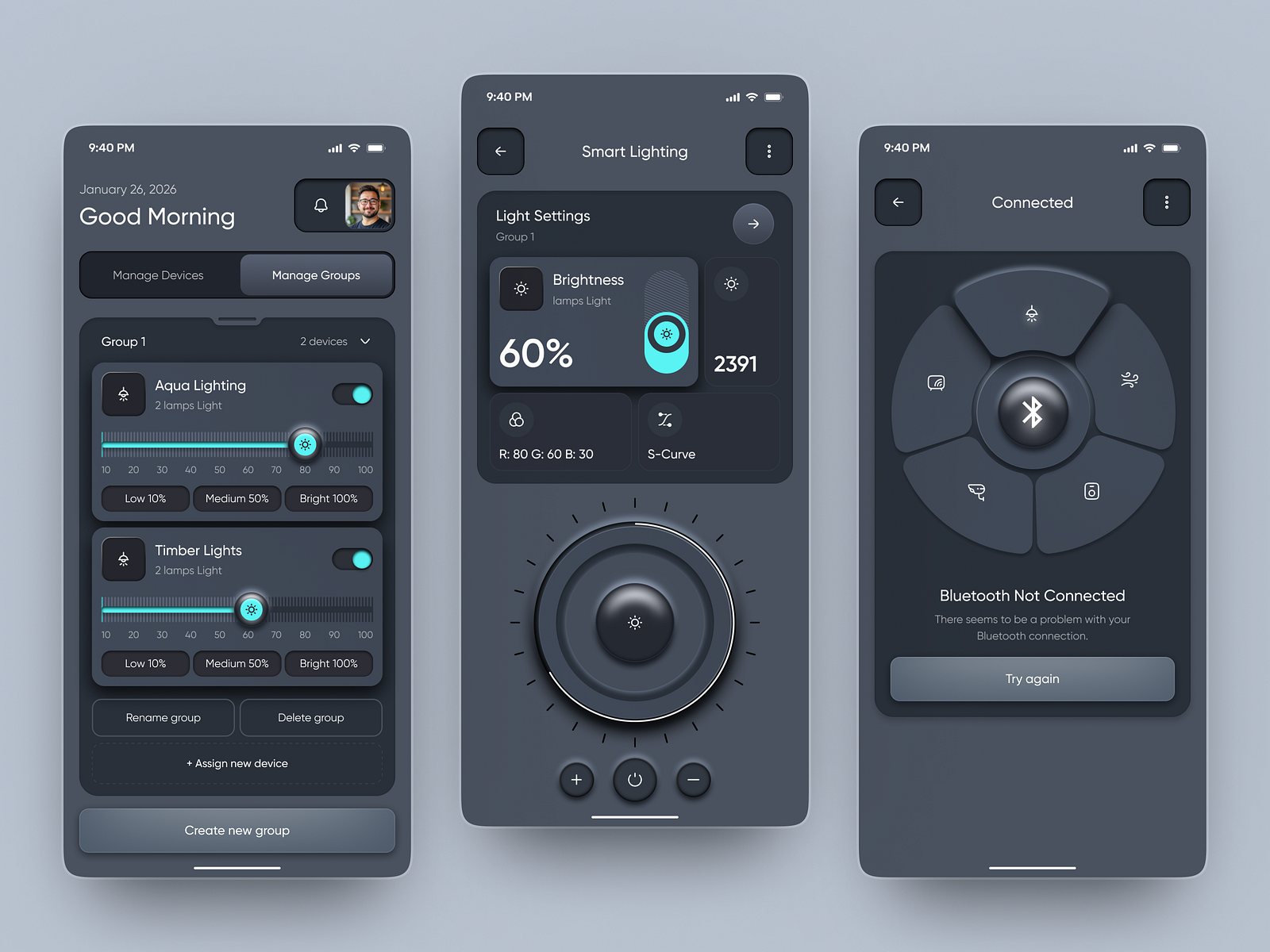 Smart Lighting Control App UI – Dark Mode Neumorphic Design by Imran ...