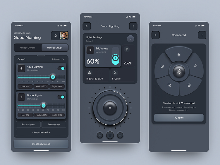 Smart Lighting Control App UI – Dark Mode Neumorphic Design by Imran ...