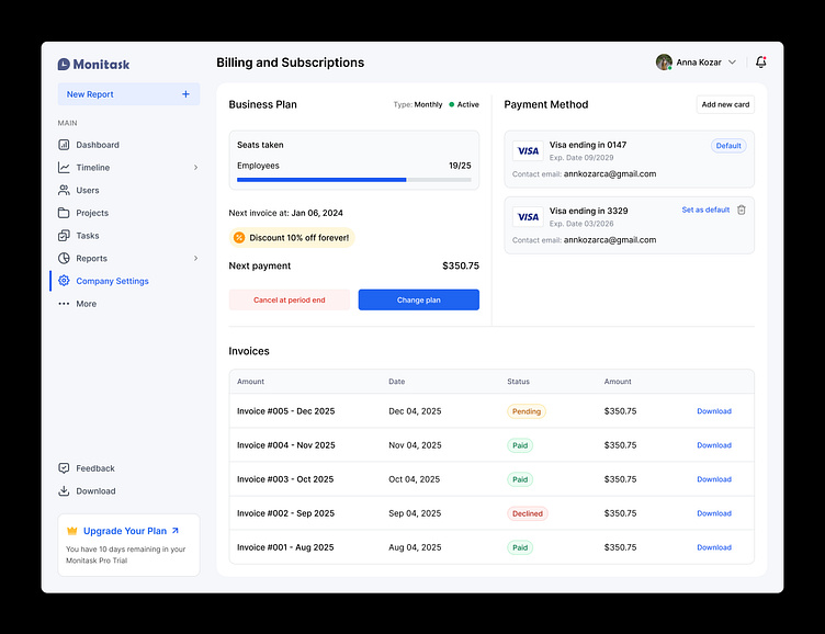 Billing Invoice & Subscription by Anna Kozar on Dribbble