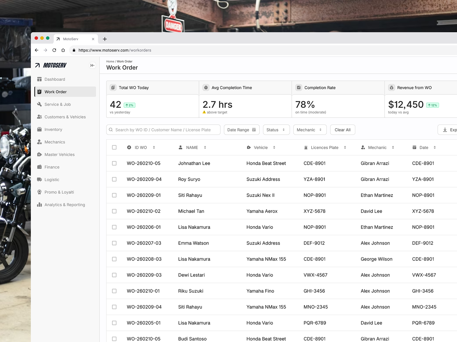 Motoserv Workshop - Work Order Data Table UI Dashboard by Muhammad ...
