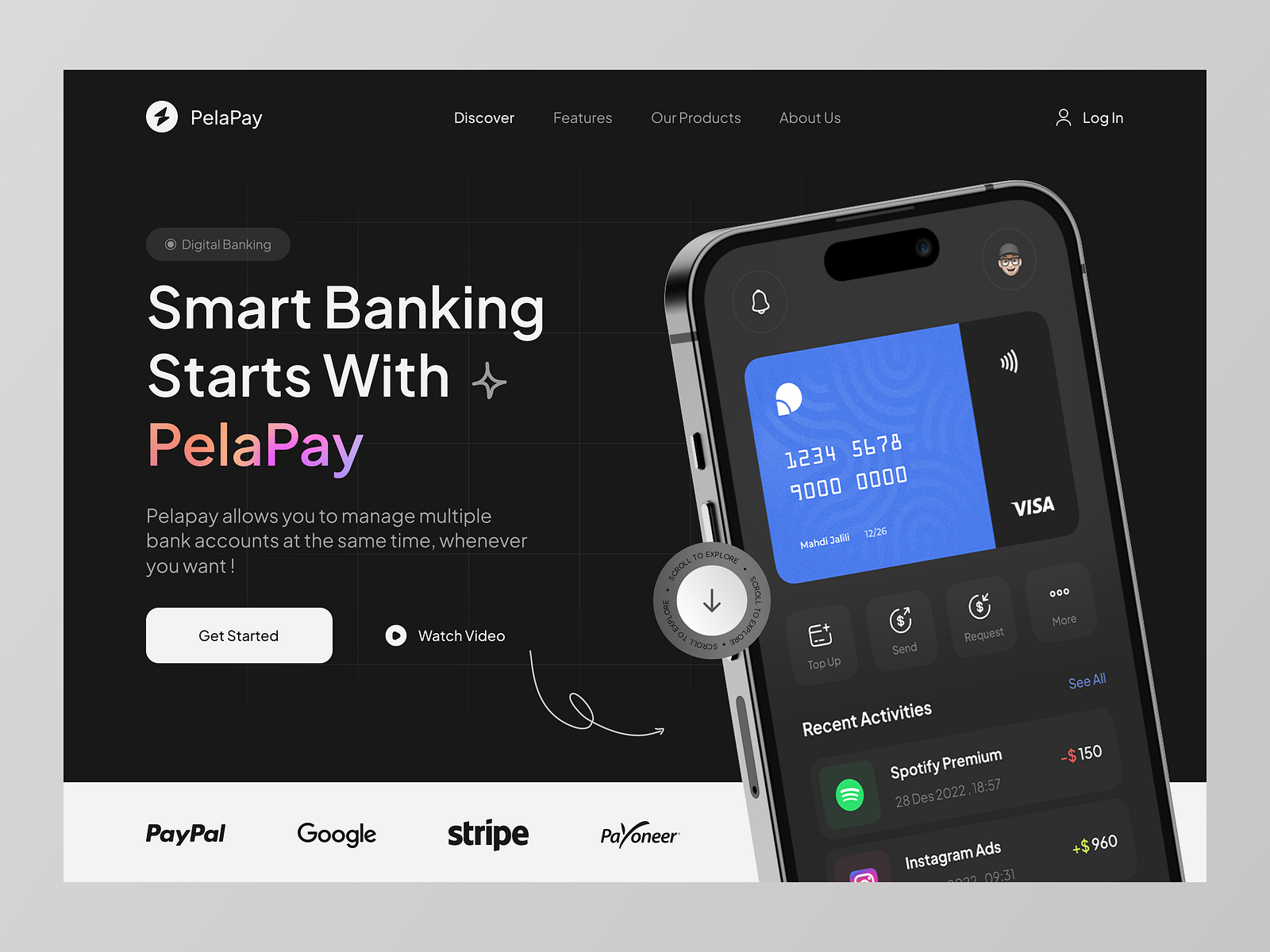 Finance Landing Page - Dark Mode 💳 by mahdi for Pela Design on Dribbble